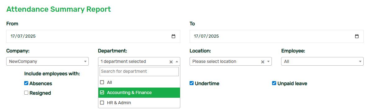 New Feature: Department and Location Filter (Attendance Report)