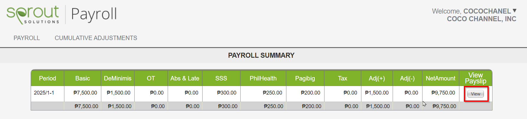 How can an employee view their payslip using Sprout Payroll?
